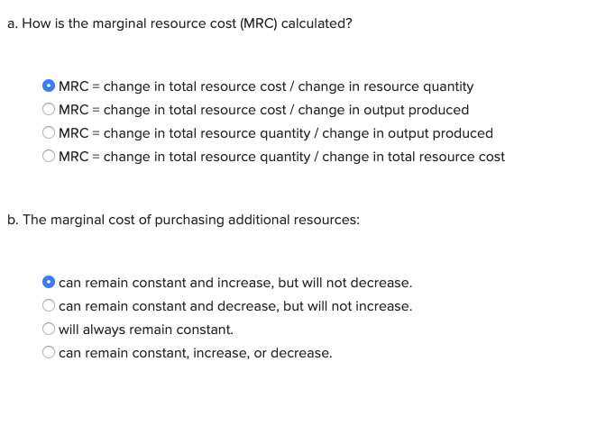 Solved a. How is the marginal resource cost (MRC) | Chegg.com