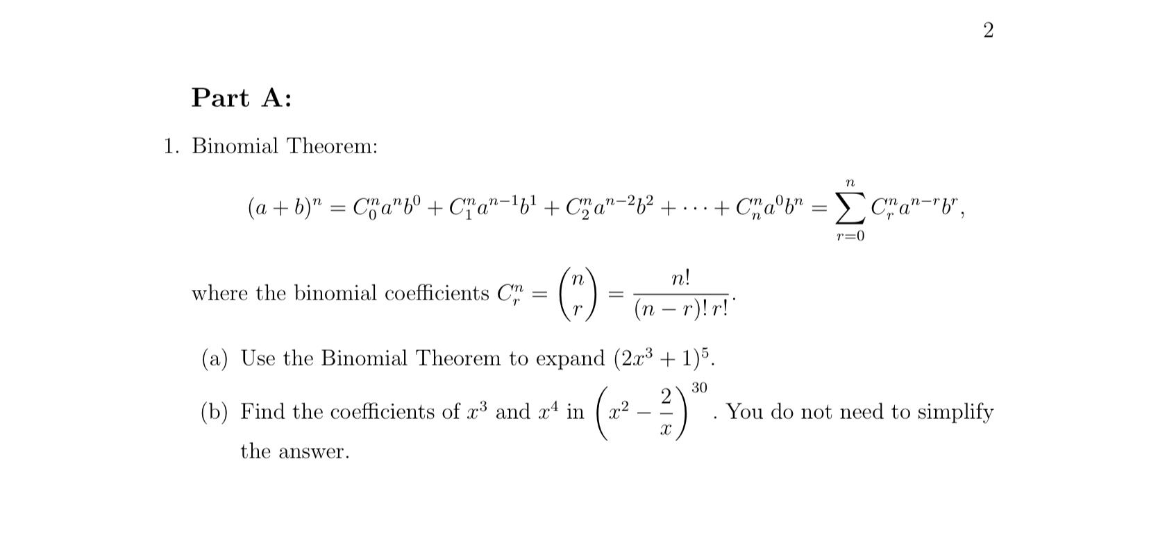 Solved 2 Part A: 1. Binomial Theorem: n n- n (a + b)" = | Chegg.com