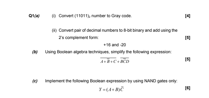 Solved Q1(a) (i) Convert (11011), number to Gray code. [4] | Chegg.com