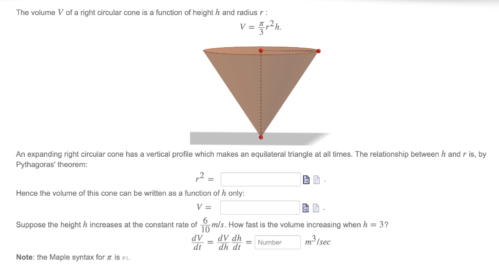 Solved The volume V of a right circular cone is a function | Chegg.com