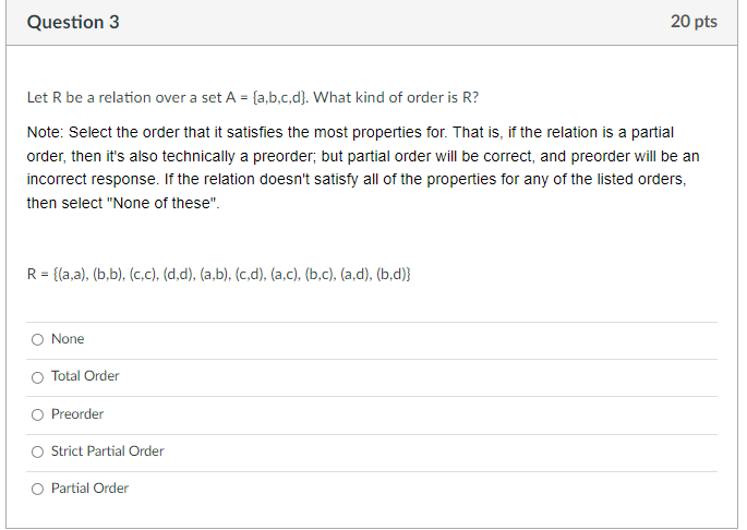 Solved Question 3 20 pts Let R be a relation over a set A = | Chegg.com