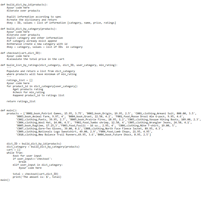 Solved def build_dict_by_id(products): Hyour code here | Chegg.com