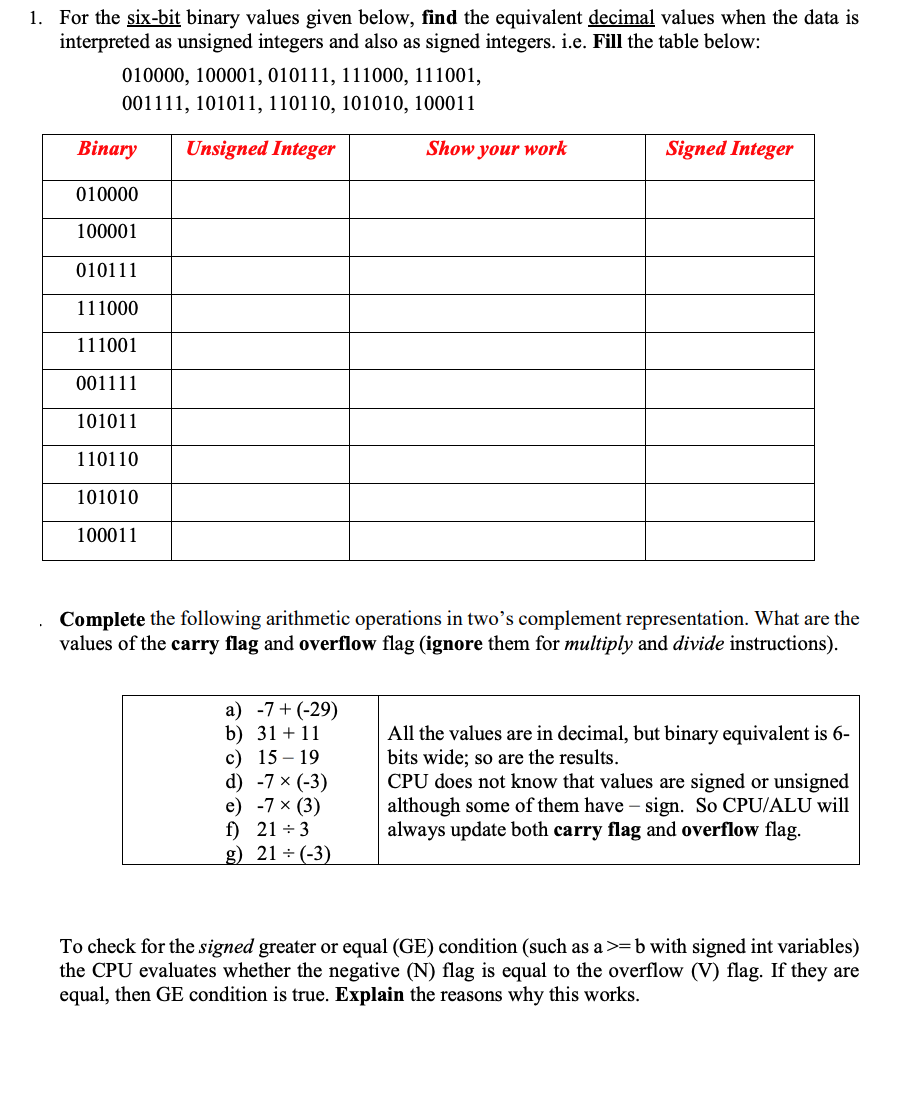 Solved 1. For the six-bit binary values given below, find | Chegg.com
