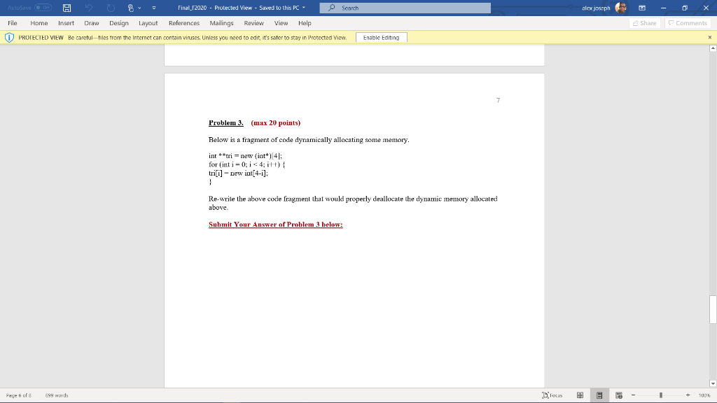 Solved alex joseph AutoSave Final_r2020 - Protected View - | Chegg.com