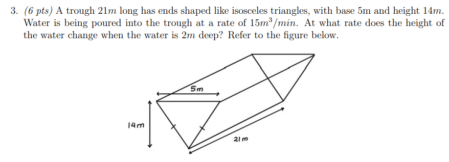 Solved A trough 21m long has ends shaped like isosceles | Chegg.com