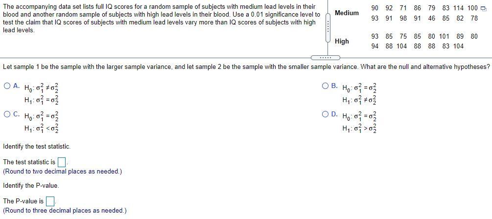 Solved Medium The Accompanying Data Set Lists Full Iq Scores