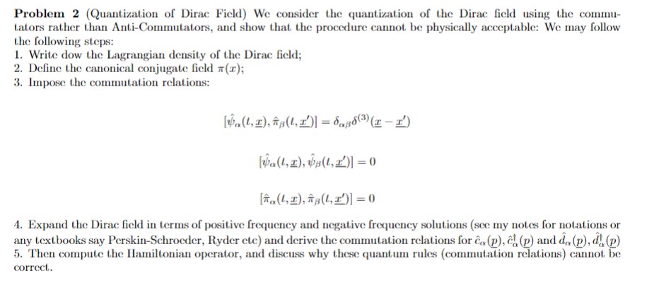 Solved Problem 2 (Quantization of Dirac Ficld) We consider | Chegg.com