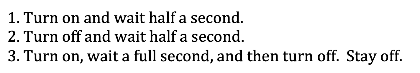 Solved 1. Turn on and wait half a second. 2. Turn off and | Chegg.com