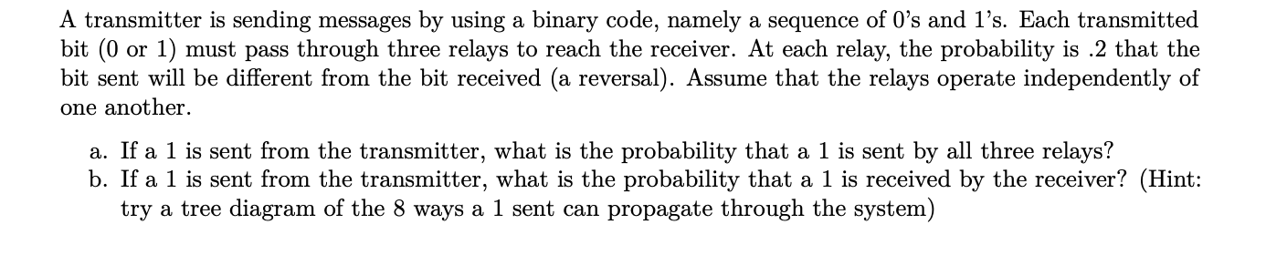 Solved A transmitter is sending messages by using a binary | Chegg.com