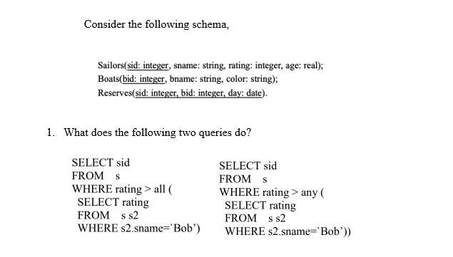 Solved Consider the following schema, Sailors(sid: integer, | Chegg.com