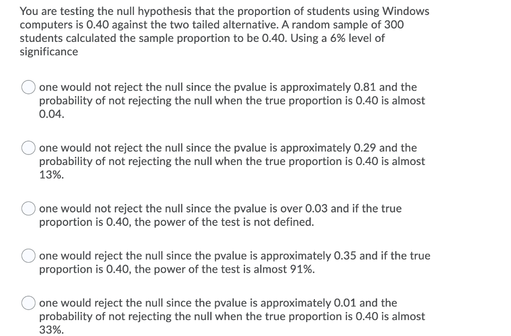 Solved You are testing the null hypothesis that the | Chegg.com