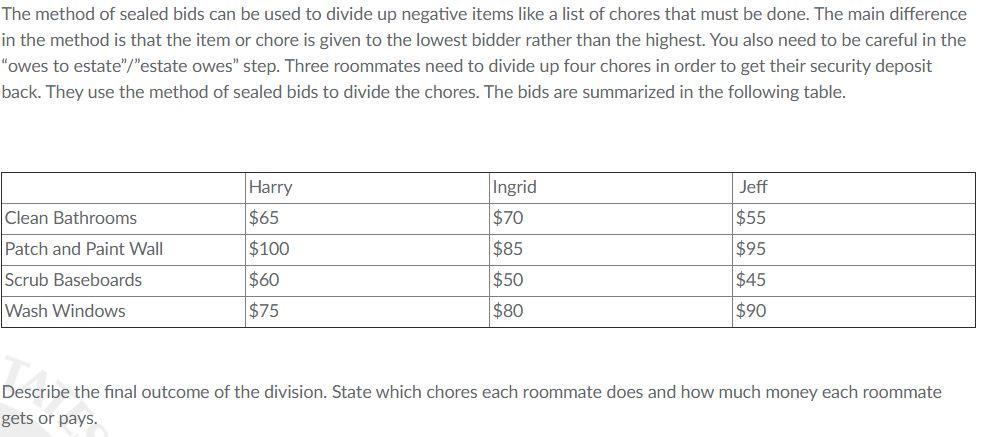 Solved The method of sealed bids can be used to divide up | Chegg.com