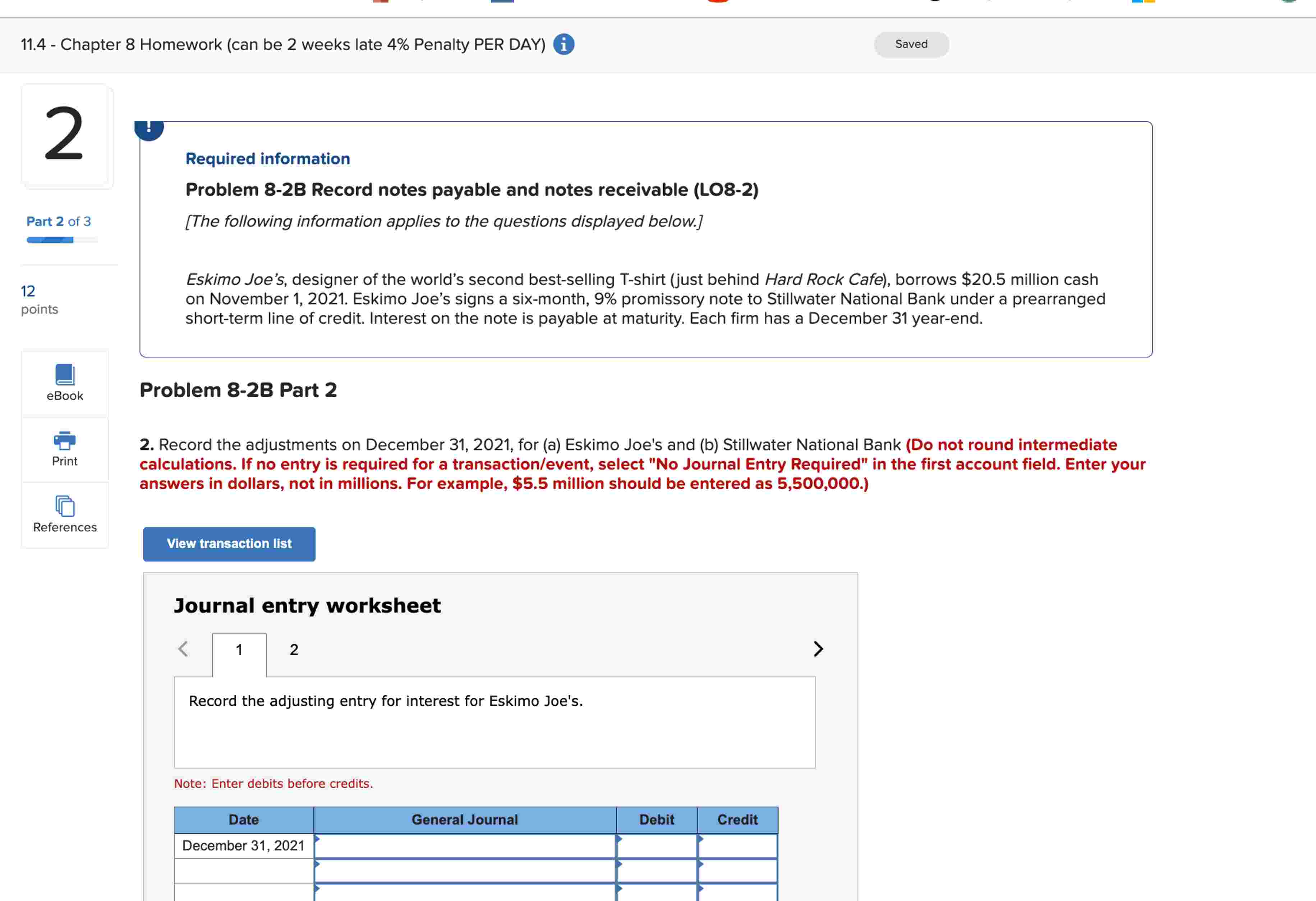 Solved Required informationProblem 8-2B Record notes payable | Chegg.com