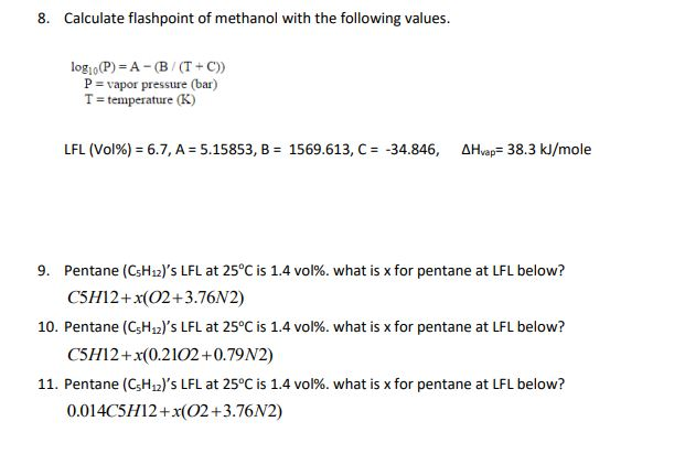 8. Calculate flashpoint of methanol with the | Chegg.com