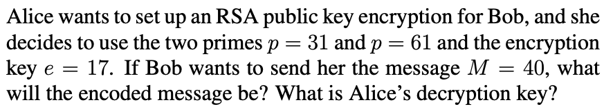 Solved Alice wants to set up an RSA public key encryption | Chegg.com