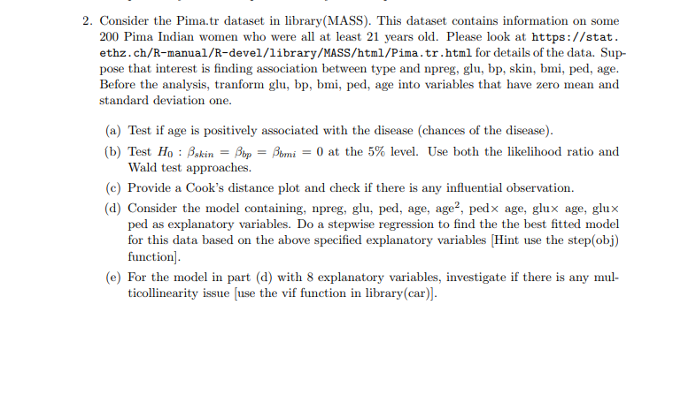 2. Consider the Pima.tr dataset in library(MASS). | Chegg.com