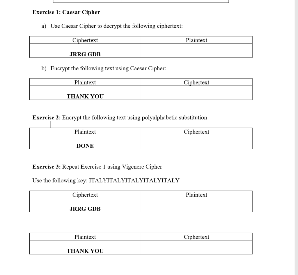 Solved Exercise 1: Caesar Cipher a) Use Caesar Cipher to | Chegg.com