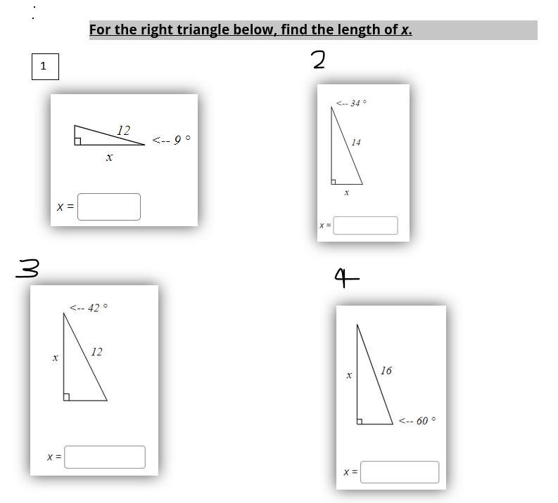 Solved For the right triangle below, find the length of x. 2 | Chegg.com