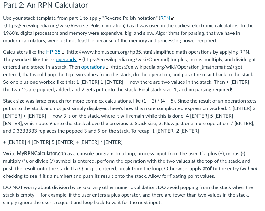 Part 2: An RPN Calculator Use your stack template | Chegg.com
