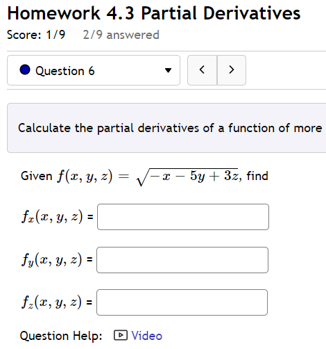 Solved Homework 4.3 Partial Derivatives Score: 1/92/9 | Chegg.com