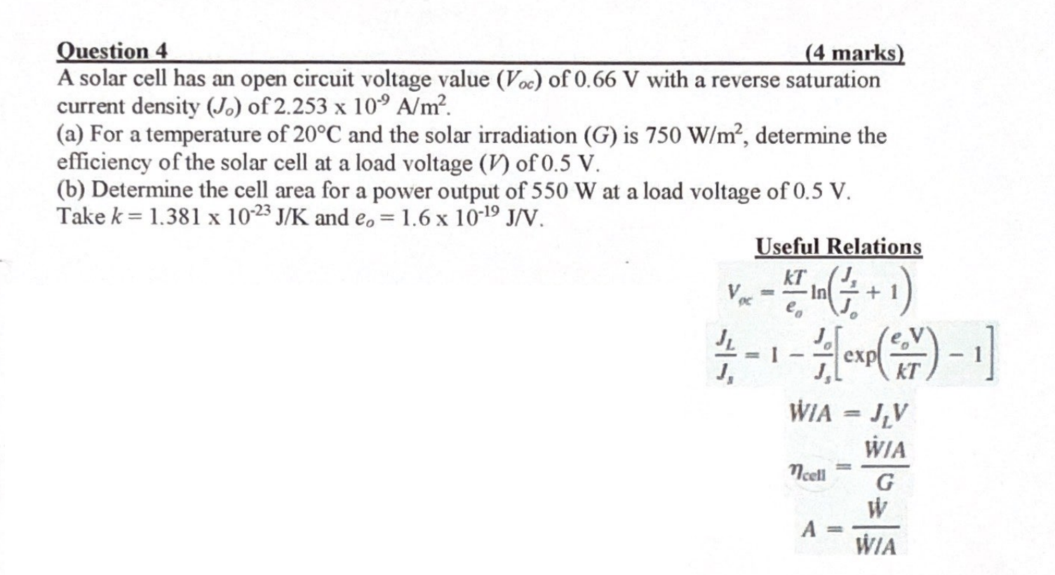 Solved Question 4 (4 marks) A solar cell has an open circuit | Chegg.com
