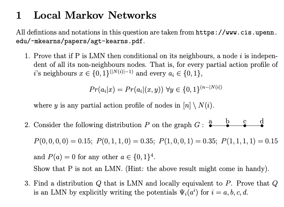 Solved 1 Local Markov Networks All defintions and notations | Chegg.com