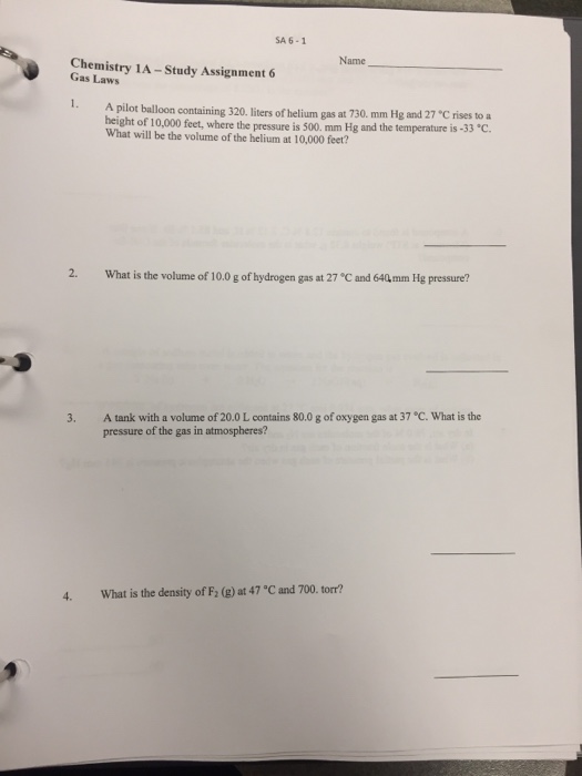 Solved SA 6-1 Name Chemistry 1A-Study Assignment 6 Gas Laws | Chegg.com