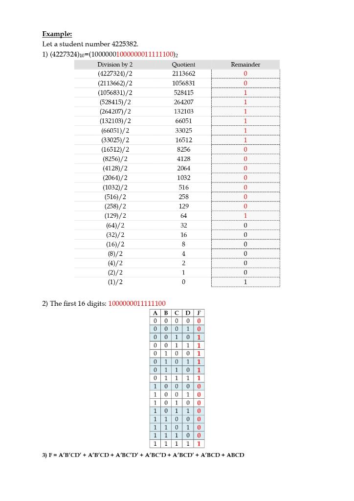 Solved 1) Convert you student number to binary. 2) Let four | Chegg.com