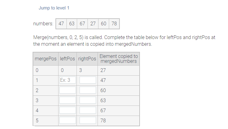 Solved Merge(numbers, 0,2,5 ) is called. Complete the table | Chegg.com