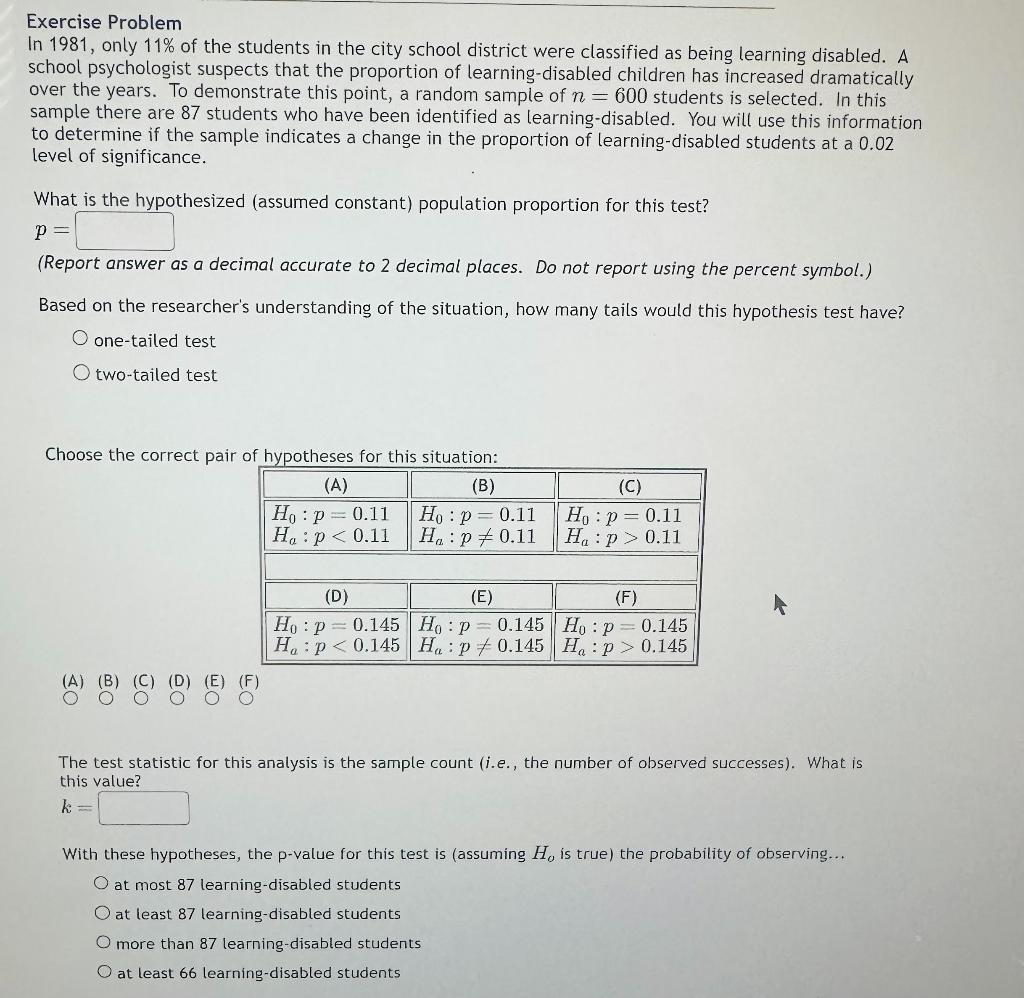 Solved Then conducting a hypothesis test with a binomial | Chegg.com