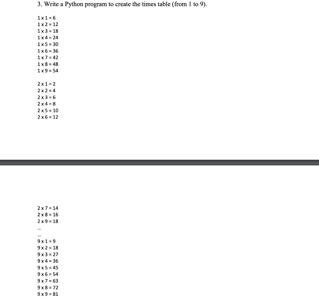 Solved 3. Write a Python program to create the times table | Chegg.com