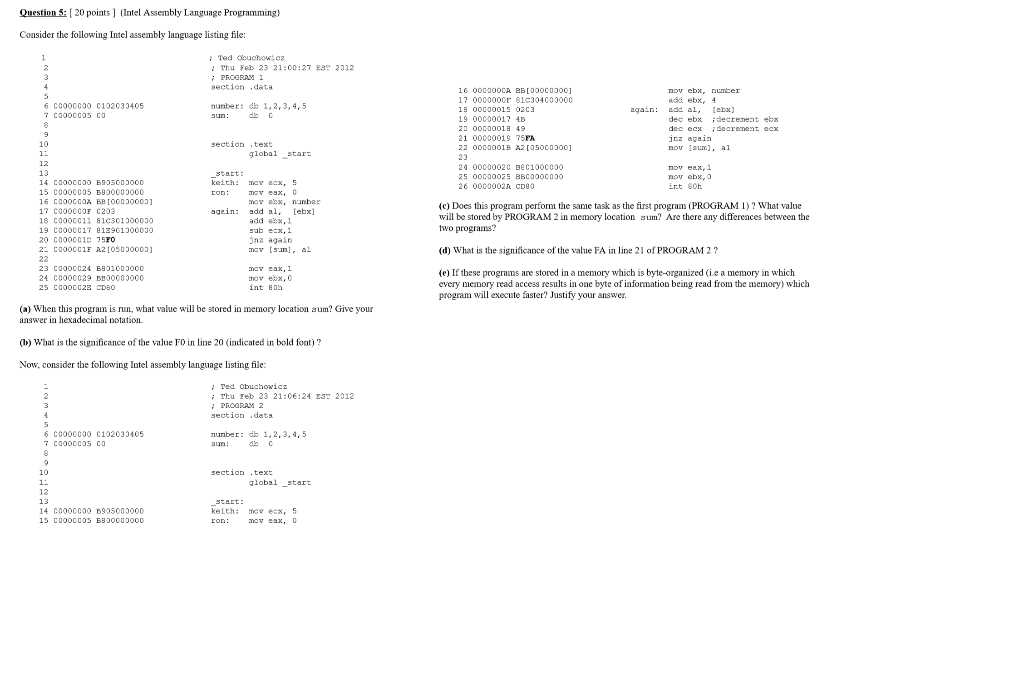 Question 5:20 points ) (Intel Assembly Language | Chegg.com