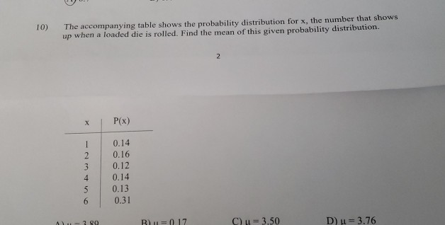 Solved TO) The accompanying table shows the probability | Chegg.com