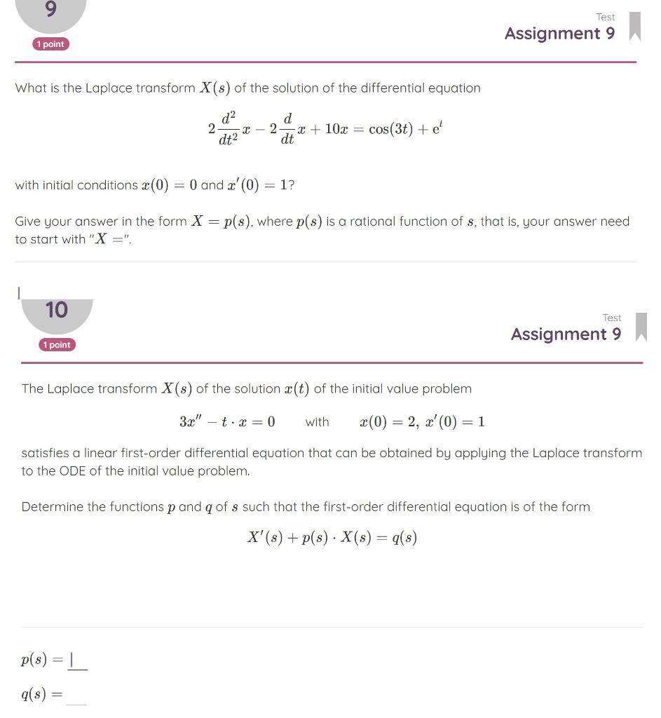 Solved 9 Test Assignment 9 point What is the Laplace | Chegg.com
