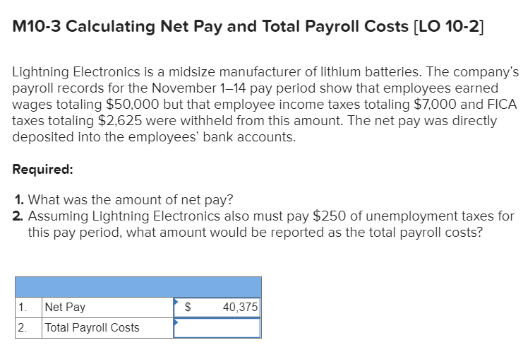 Solved M10 3 Calculating Net Pay And Total Payroll Costs LO Chegg