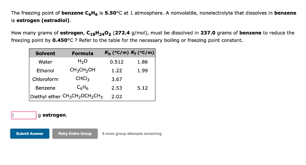 Solved The freezing point of benzene C6H6 is 5.50°C at 1 | Chegg.com