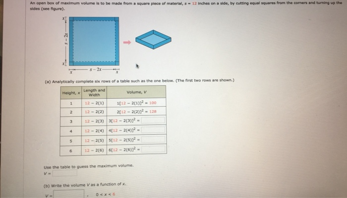 Solved An open box of maximum volume is to be made from a | Chegg.com