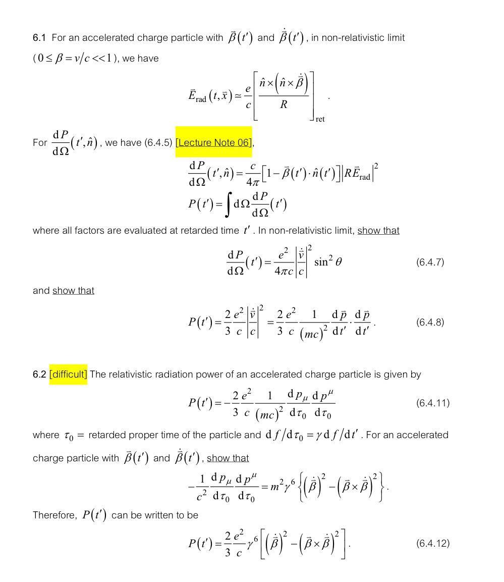 Solved 6.1 For an accelerated charge particle with βˉ(t′) | Chegg.com