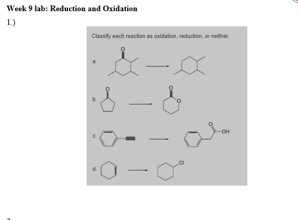 Solved Week 9 lab: Reduction and Oxidation 1.) Classify each | Chegg.com