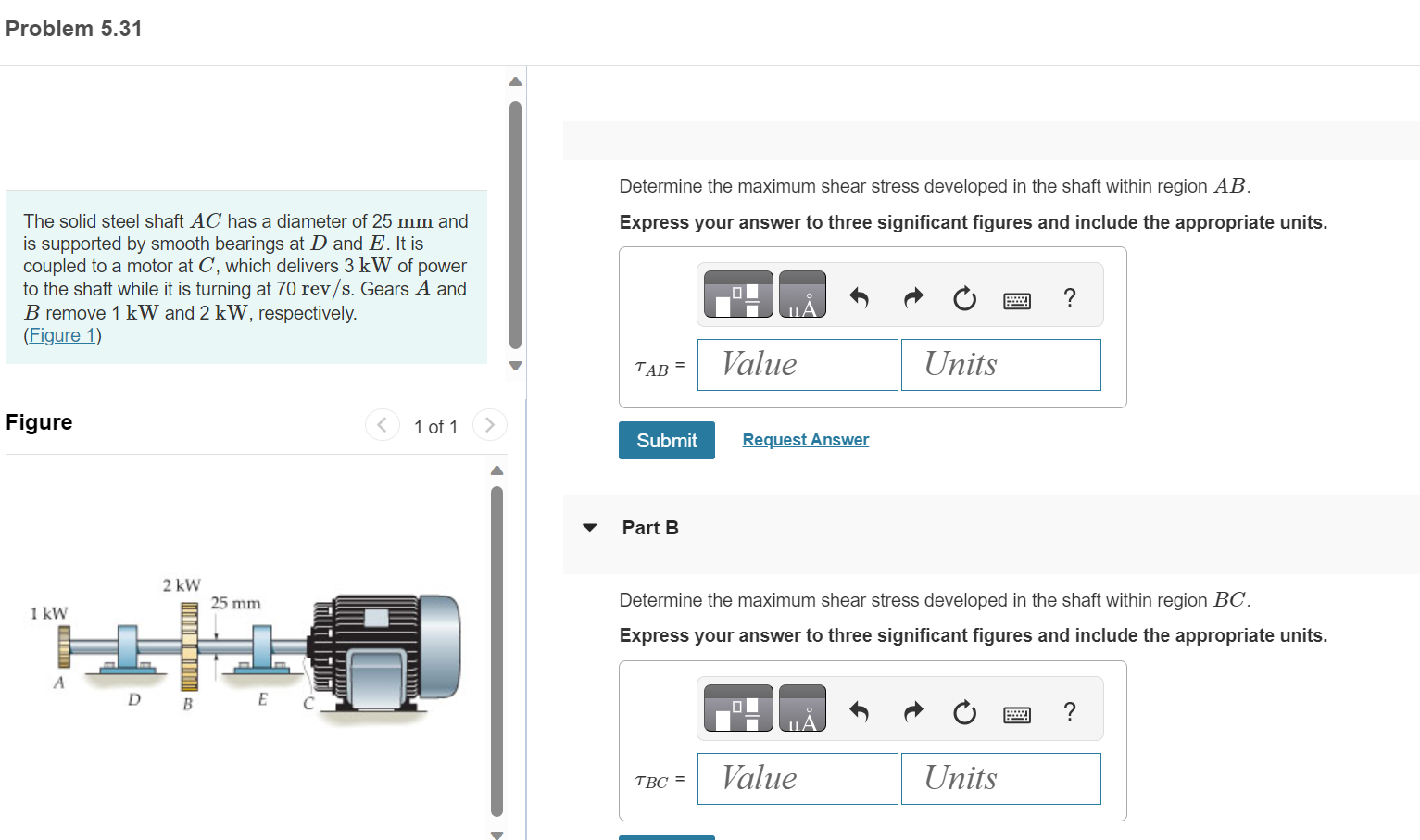 Solved The solid steel shaft AC has a diameter of 25 mm and | Chegg.com