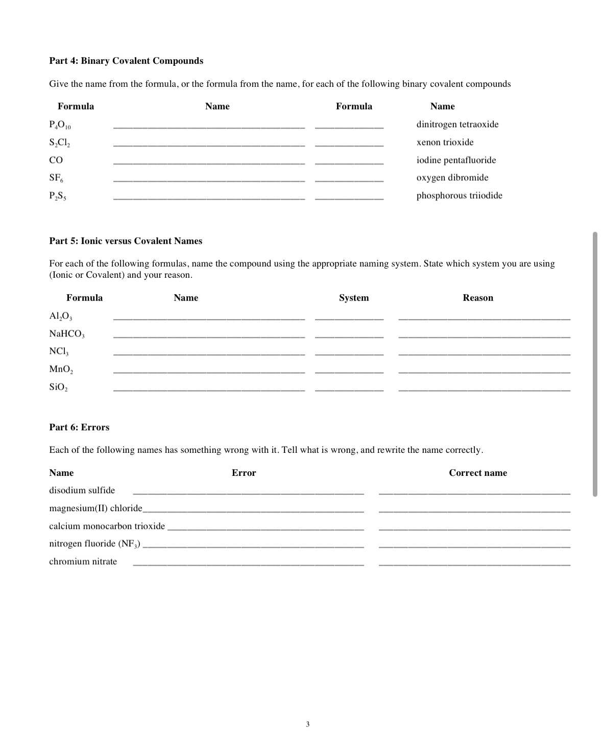 Solved Part 4: Binary Covalent Compounds Give the name from | Chegg.com
