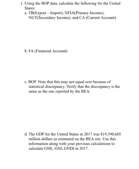 1. Using the BOP data, calculate the following for | Chegg.com