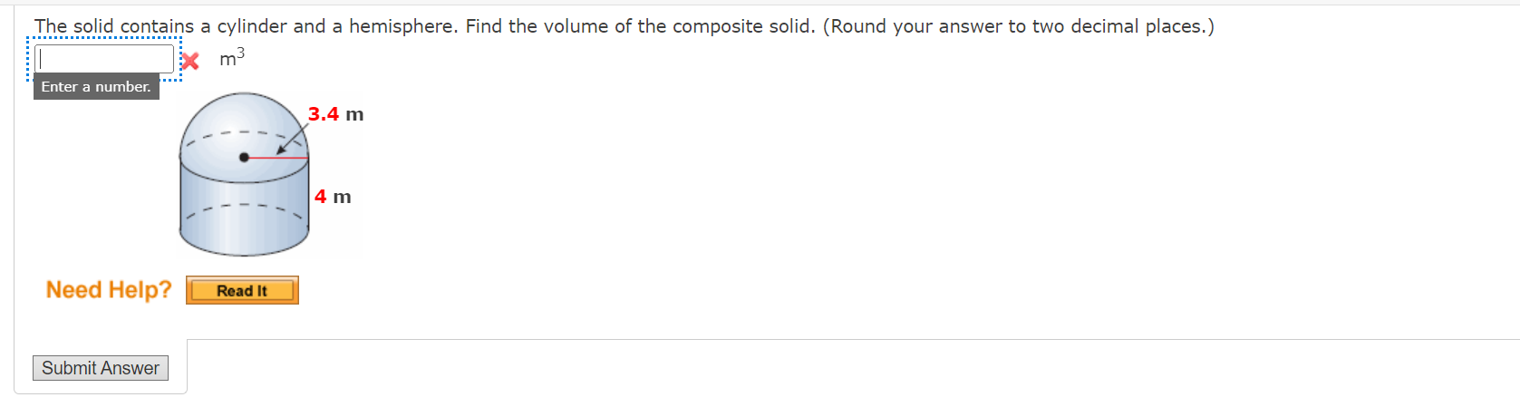 Solved The solid contains a cylinder and a hemisphere. Find | Chegg.com