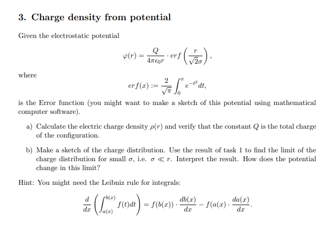 Solved 3. Charge density from potential Given the | Chegg.com