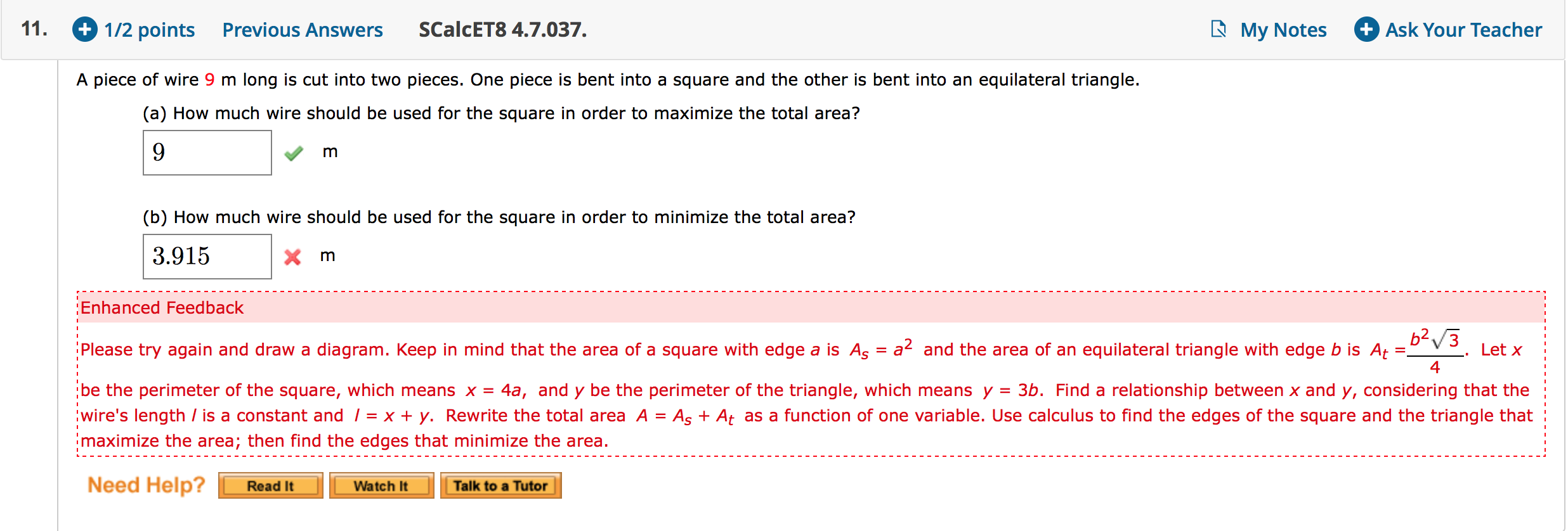 Solved 11. + 1/2 points Previous Answers ScalcET8 4.7.037. | Chegg.com