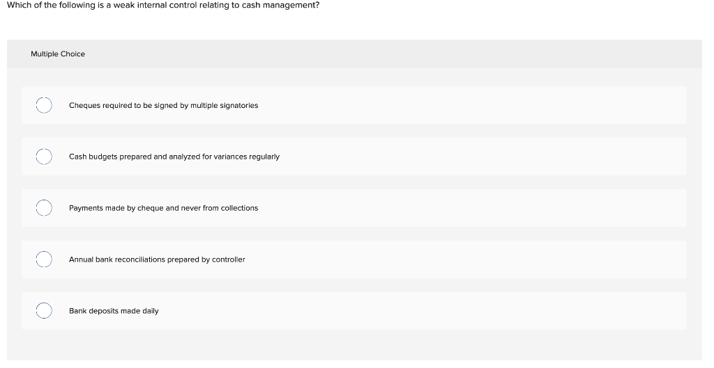 Solved Which of the following is a weak internal control | Chegg.com