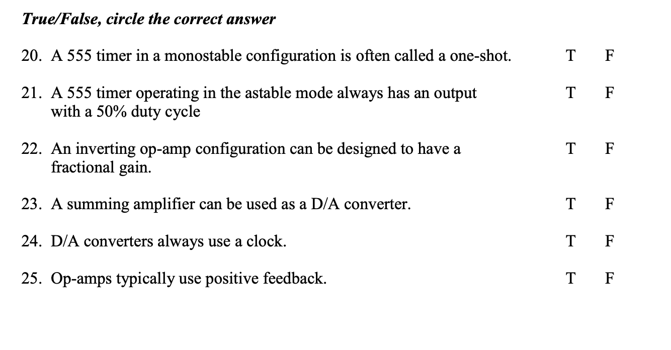 Solved True/False, circle the correct answer 20. A 555 timer | Chegg.com