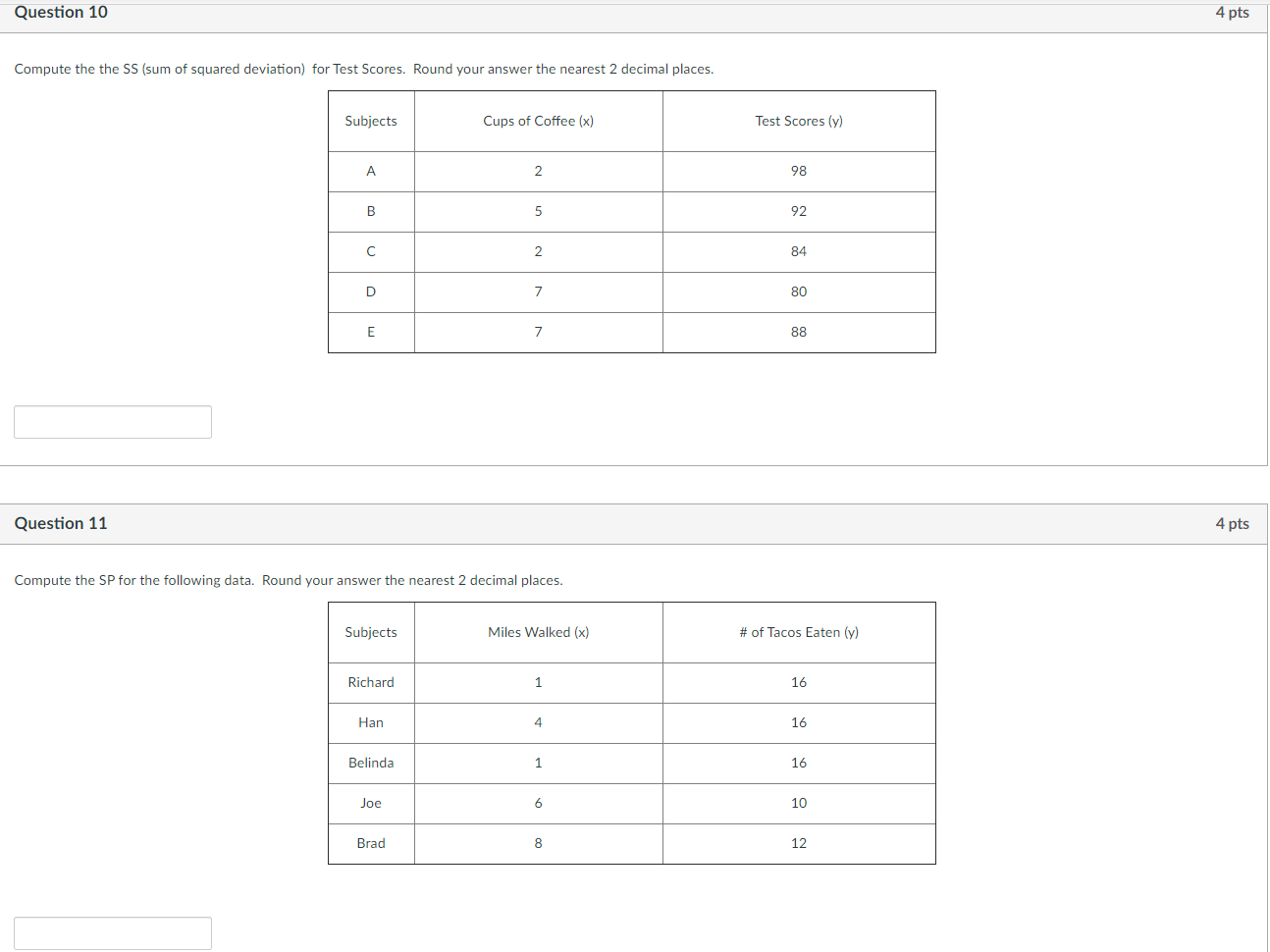 Solved Question 10 4 pts Compute the the SS (sum of squared | Chegg.com