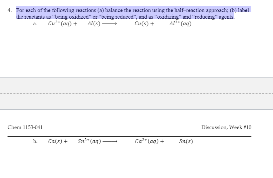 Solved 4. For each of the following reactions (a) balance | Chegg.com