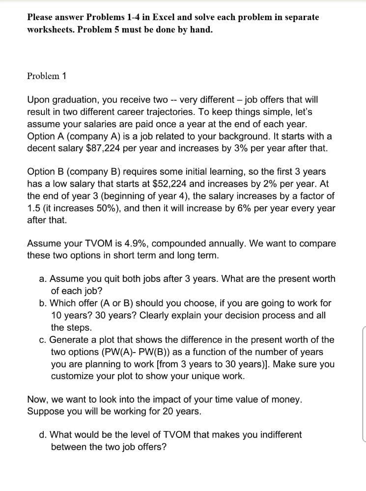 Solved Please answer Problems 1-4 in Excel and solve each | Chegg.com